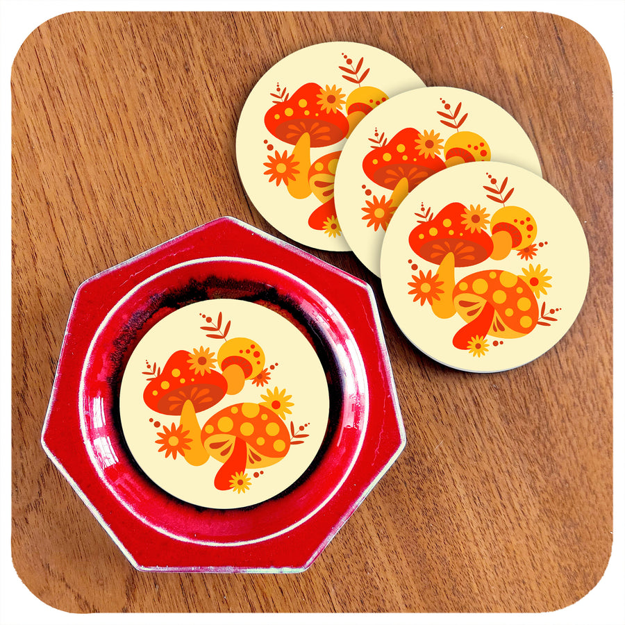 70s Mushrooms Coasters in Orange, set of 4 | The Inkabilly Emporium