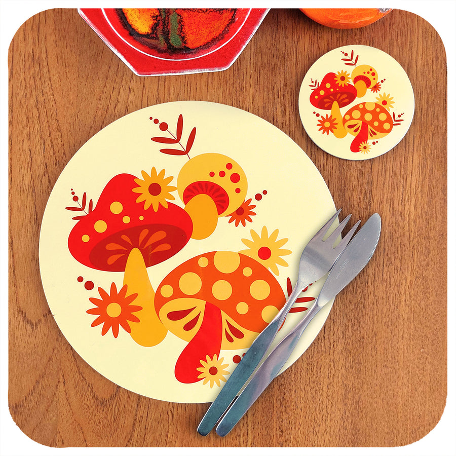 70s Mushrooms Coasters in Orange, set of 4 | The Inkabilly Emporium