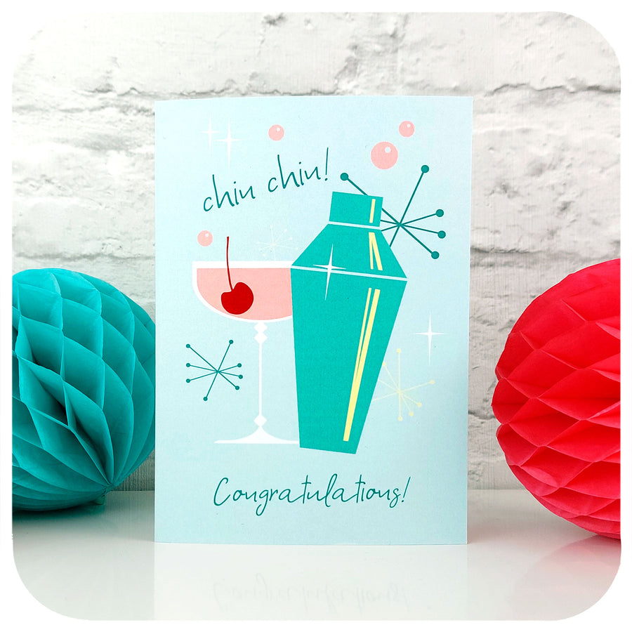 Chin chin! 50s Cocktails Congratulations Card | The Inkabilly Emporium