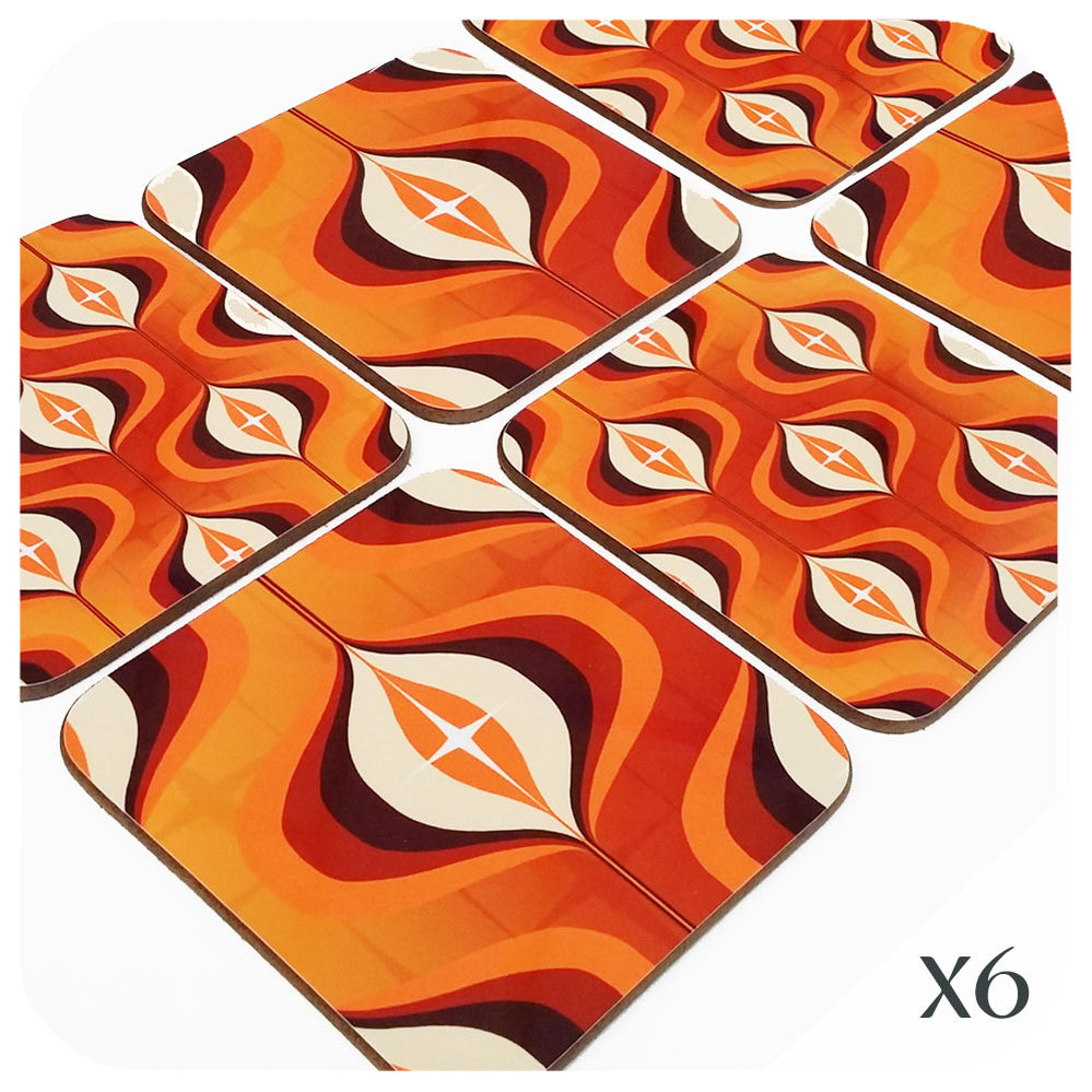 1970s Op Art Orange Coasters. Set of 6. Retro coasters by Inkabilly